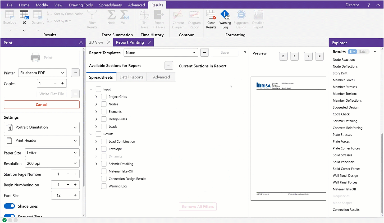 RISA | Print Filtered Report Results in RISA-3D v21.0