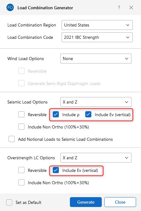 RISA | Seismic Factors in RISAFoundation Load Combination Generator