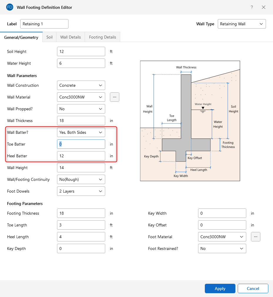RISA | Battered Retaining Wall Design